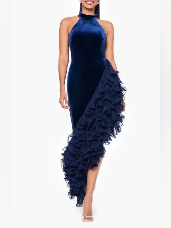 Betsy & Adam | Dresses | Betsy Adam Velvet Chiffon Ruffle Highlow Gown ...
